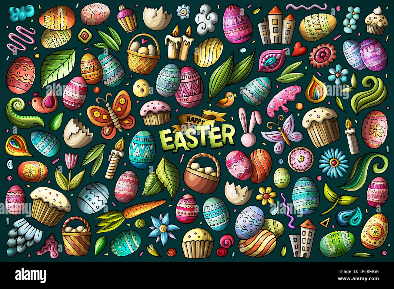 Colorful vector hand drawn doodle cartoon set of Happy Easter theme ...