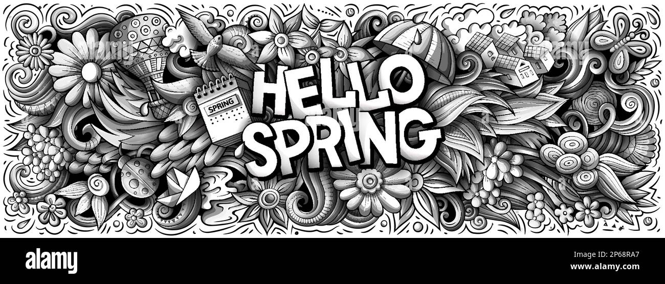 Hello Spring hand drawn cartoon doodles illustration. Seasonal funny ...