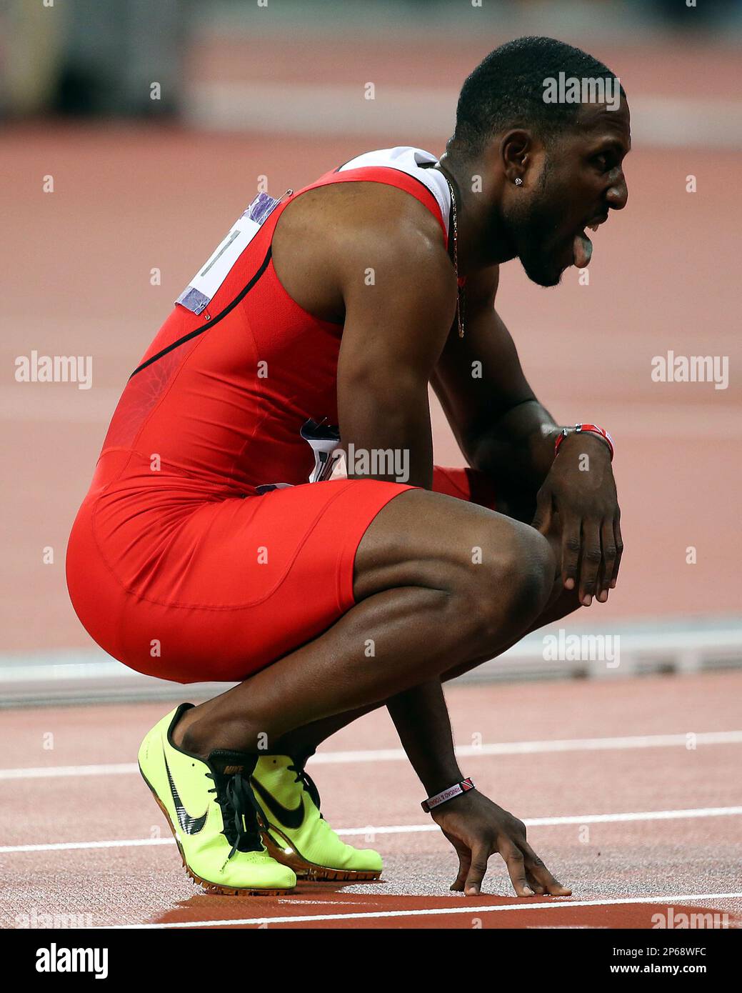 Richard Thompson of Trinidad and Tabago reacts after the 100 meter race ...
