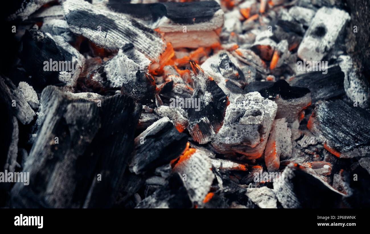 Metal grill with coals. Grilled meat. The fire is smoldering in the ...