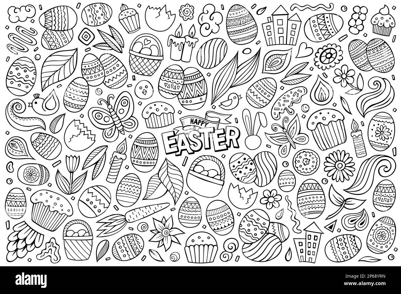 Line art vector hand drawn doodle cartoon set of Happy Easter theme ...