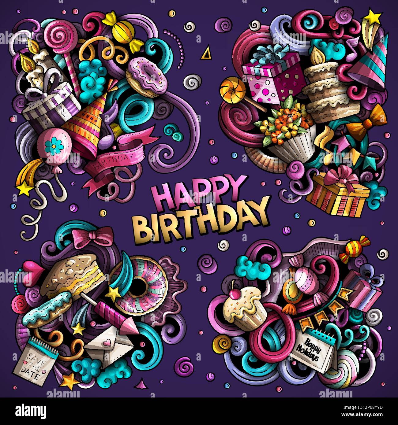 Birthday cartoon vector doodle designs set. Colorful detailed ...