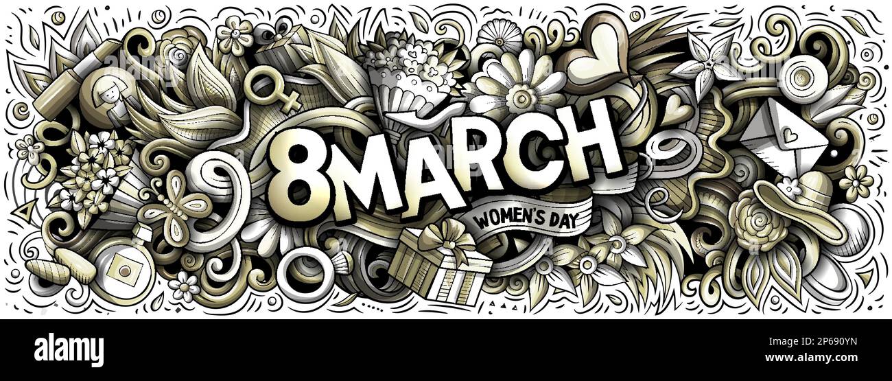 8 March hand drawn cartoon doodles illustration. Holiday funny objects ...