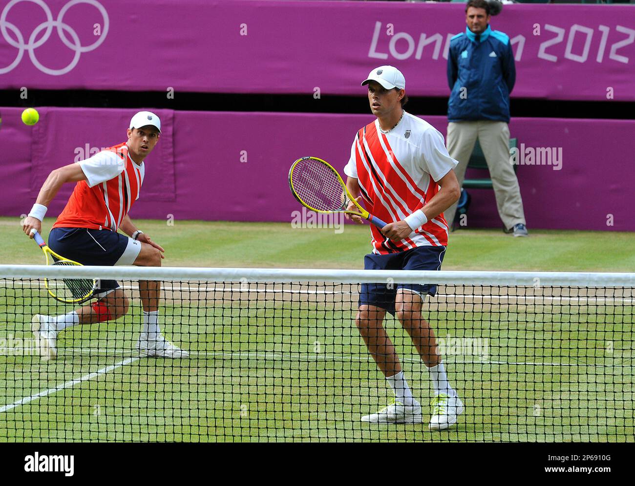 Bob and Mike Bryan of the USA, in their men's Doubles Final match against Jo-Wilfried Tsonga and ...