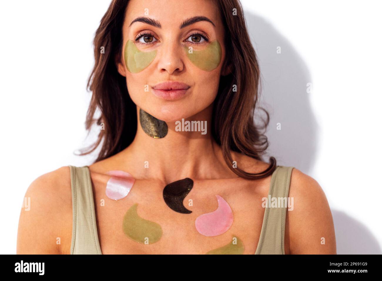 Beautiful caucasian woman with multi-colored patches under her eyes, on ...
