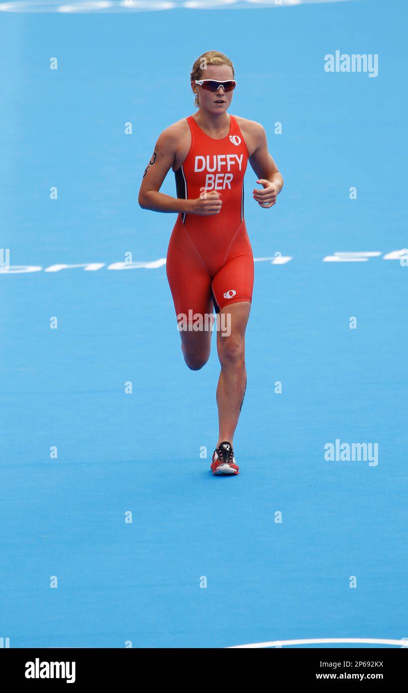 Bermuda's Flora Duffy finishes the Women's Triathlon Competition at the ...