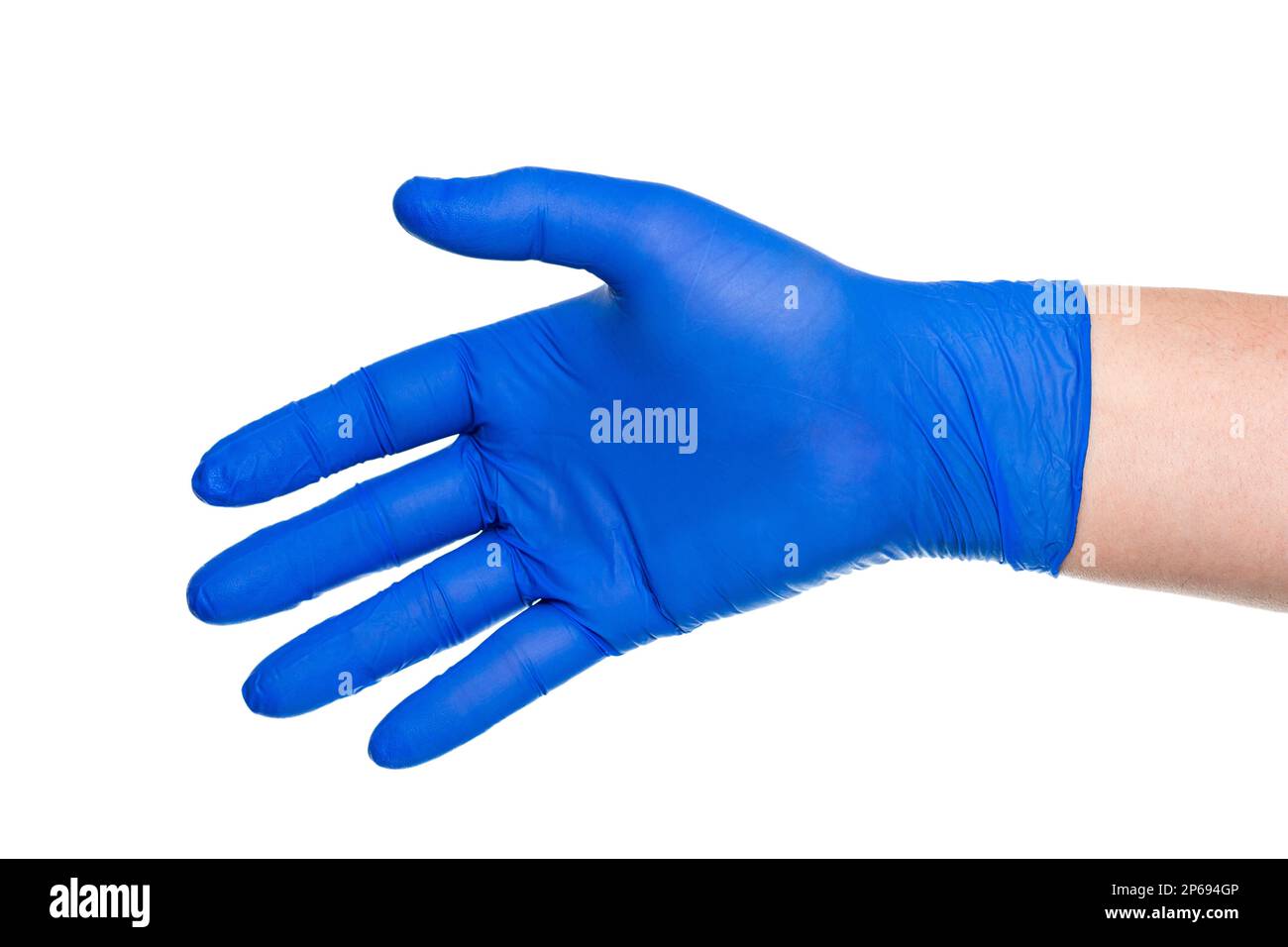 Crop anonymous doctor in blue latex glove offering handshake isolated ...
