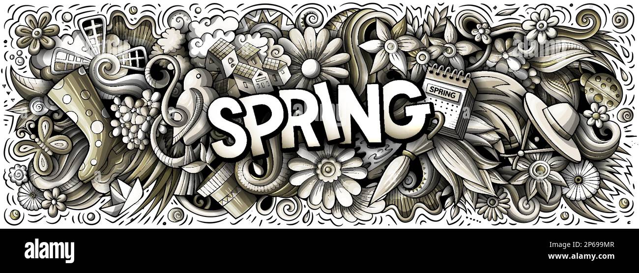 Spring hand drawn cartoon doodles illustration. Seasonal funny objects ...