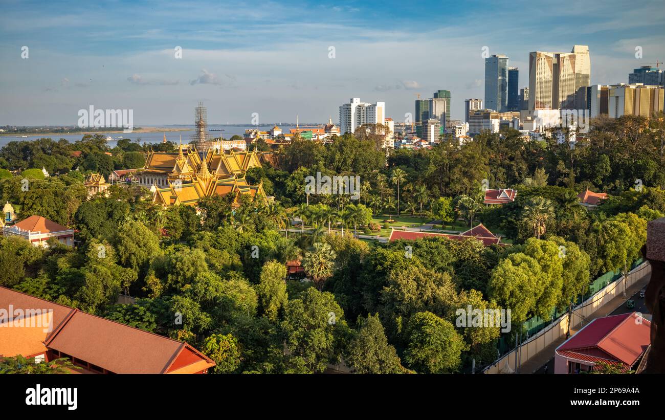An aerial view in Phnom Penh, Cambodia, showing the elaborate Roral ...