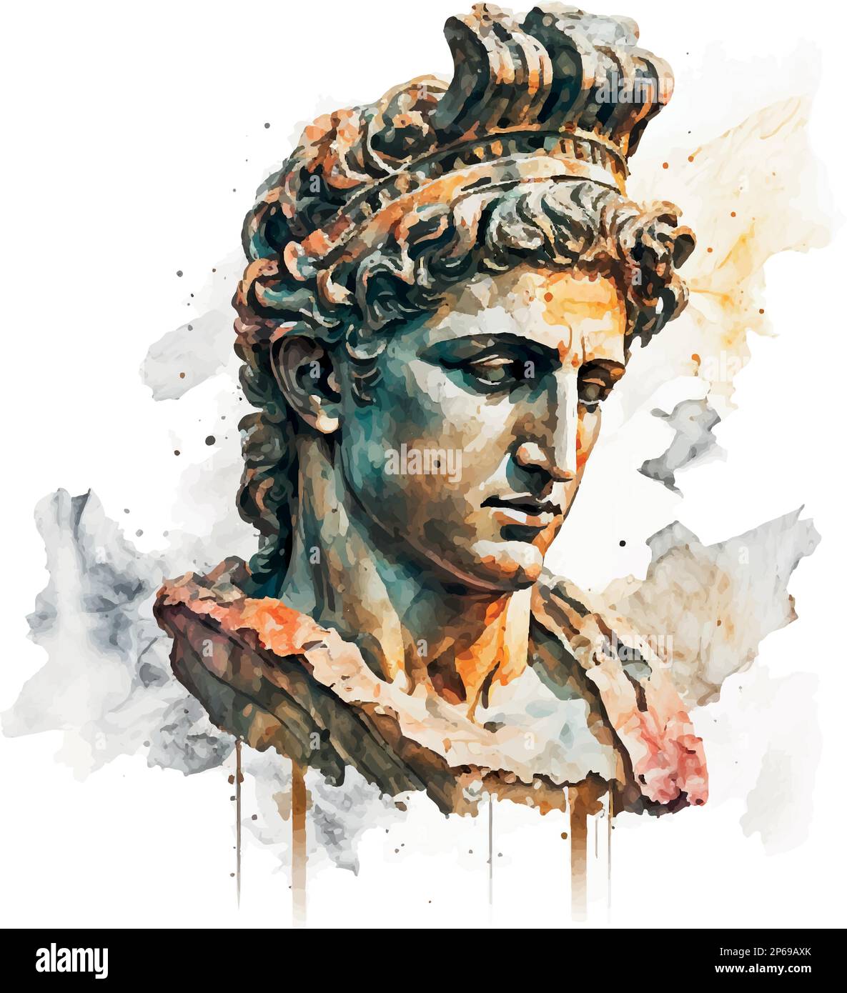 Contemporary art with antique statue head watercolor illustration. Work ...