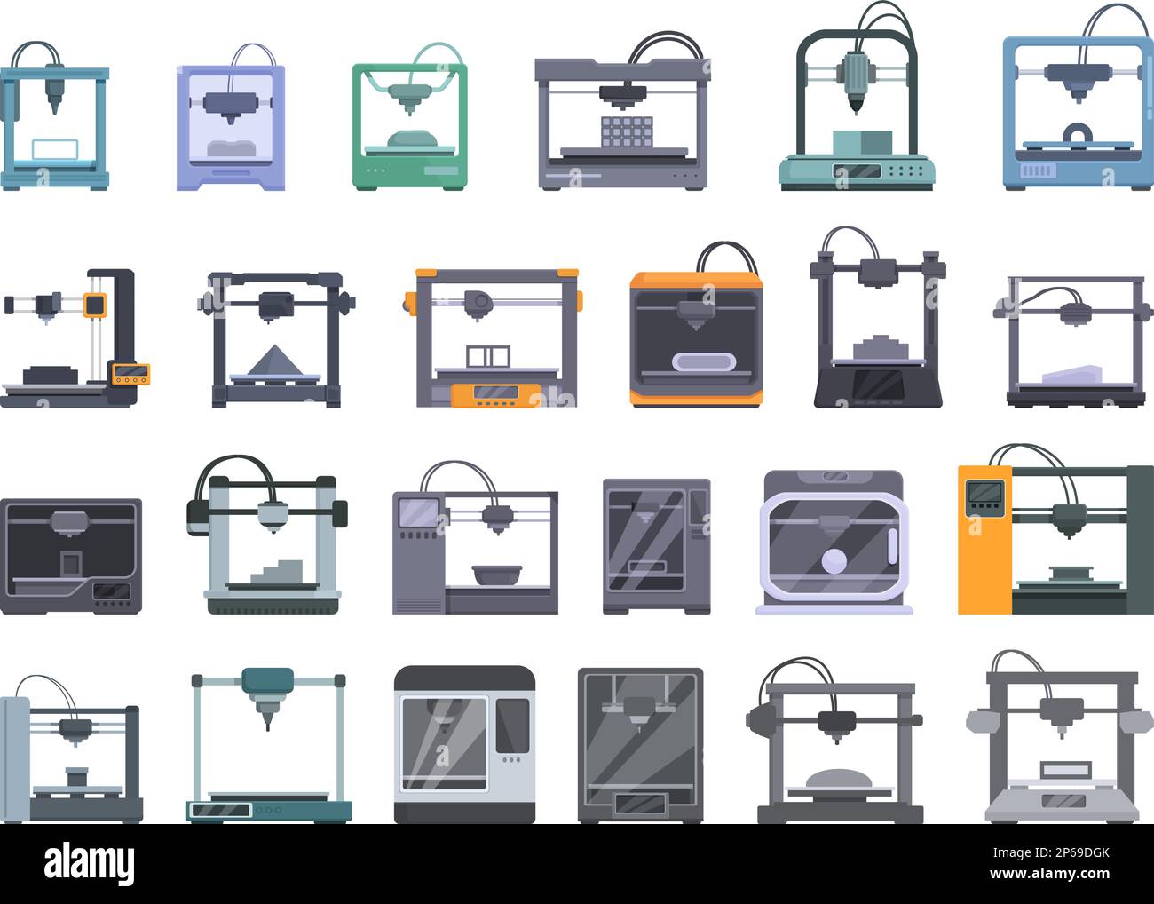 3D printing in construction icons set cartoon vector. Lab print ...