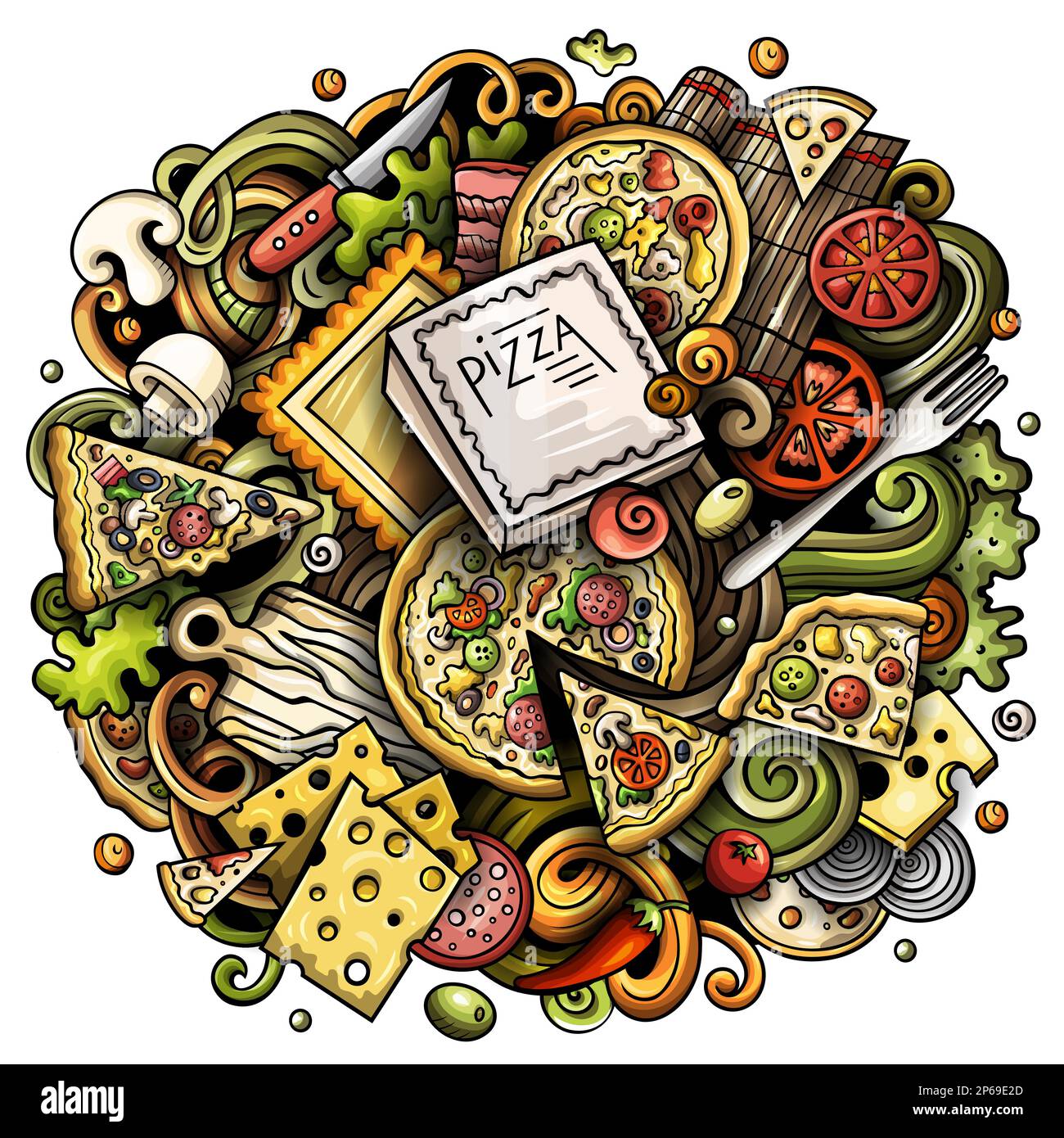 Pizza cartoon doodle illustration. Funny creative vector background ...