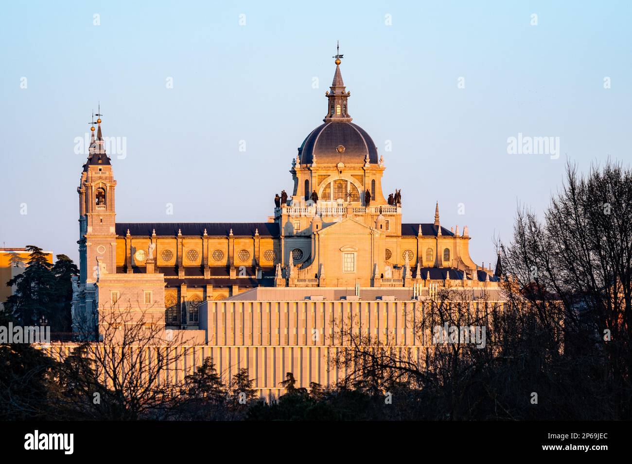 Almudena Cathedral of Madrid. Panoramic view with telephoto lens. Santa ...