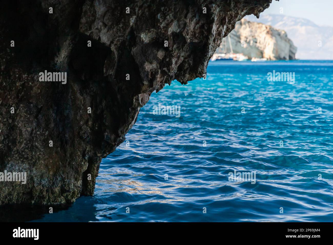 Inner view of the Blue cave, coastal formation of Greek island ...