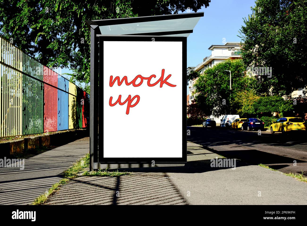 bus shelter with lightbox ad sign. mockup template. glass billboard ...