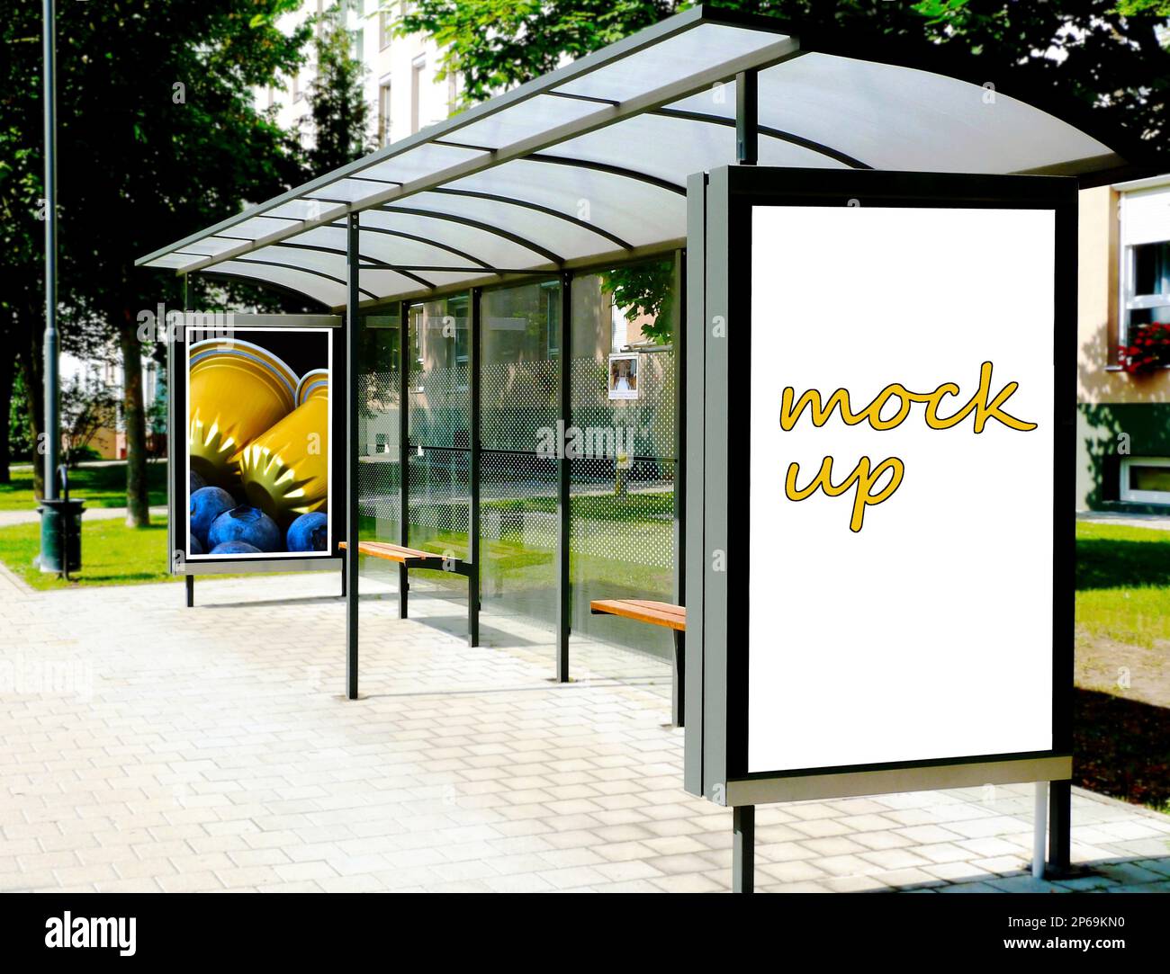 bus shelter with lightbox ad sign. mockup template. glass billboard ...