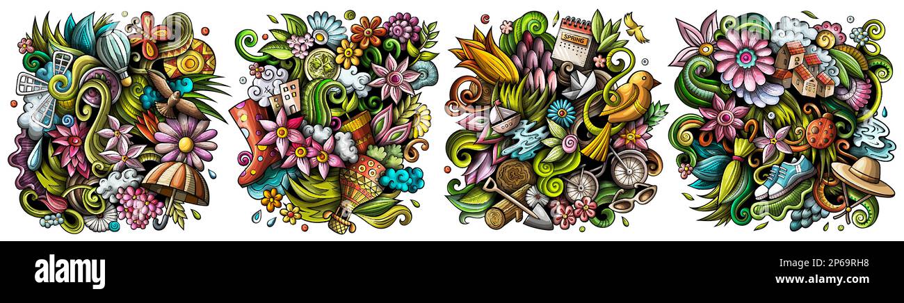 Spring cartoon vector doodle designs set. Colorful detailed ...