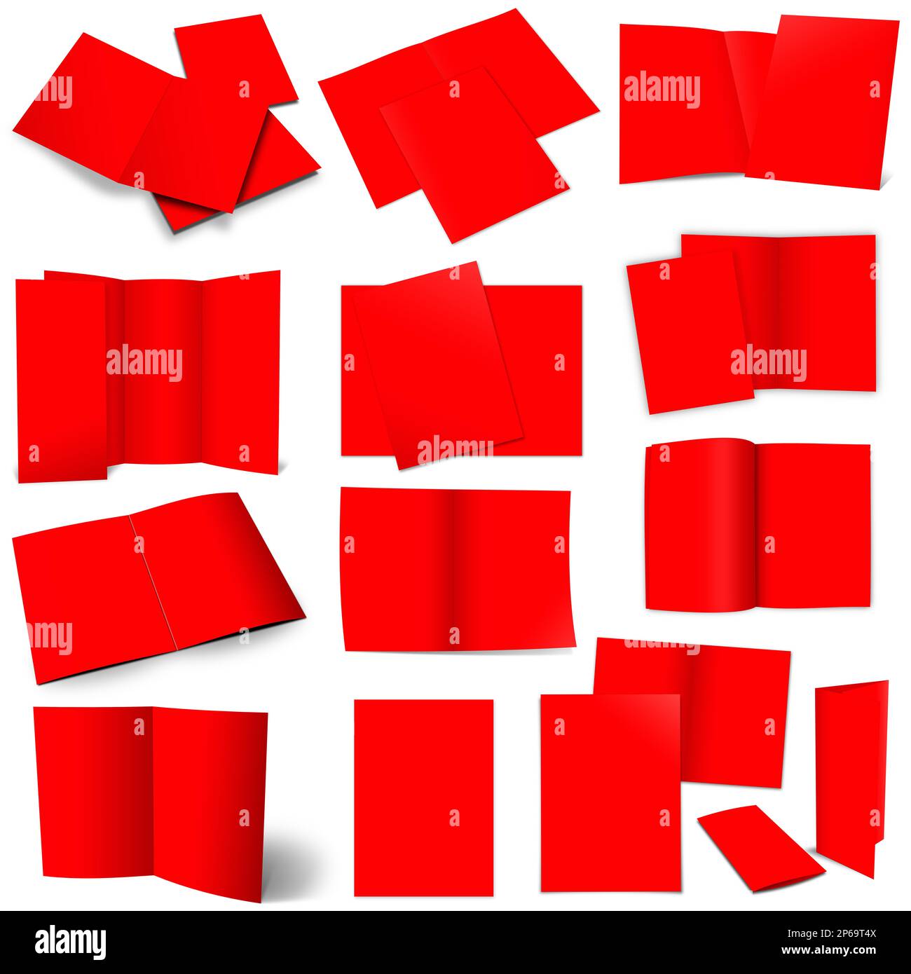 Thirteen red brochures for layouts and presentation design. 3D ...