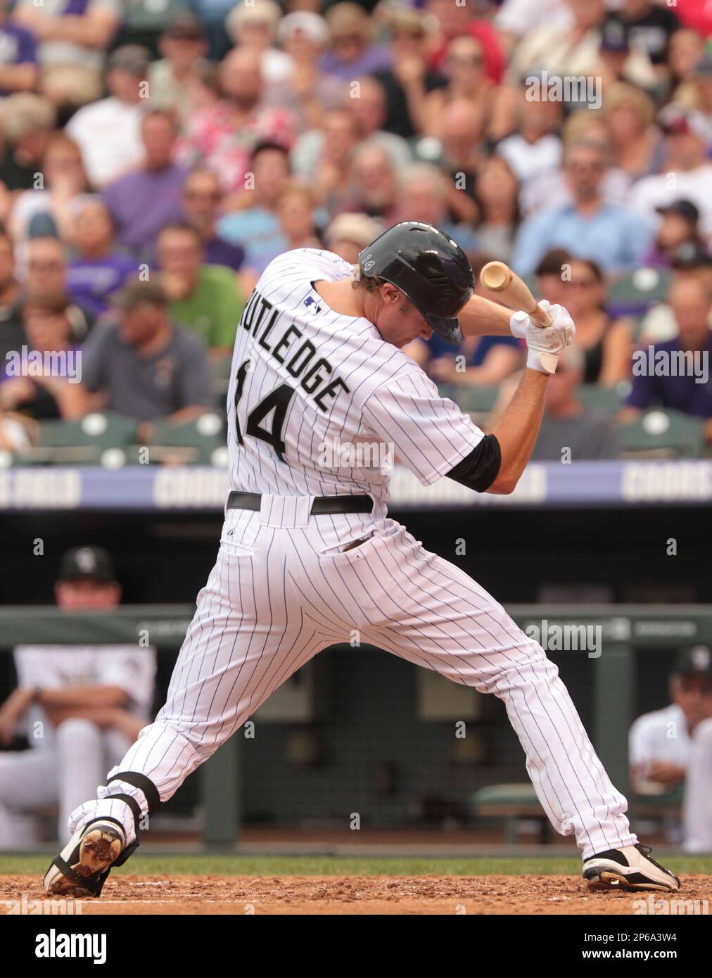 Colorado Rockies shortstop Josh Rutledge (14) avoids an inside pitch in ...