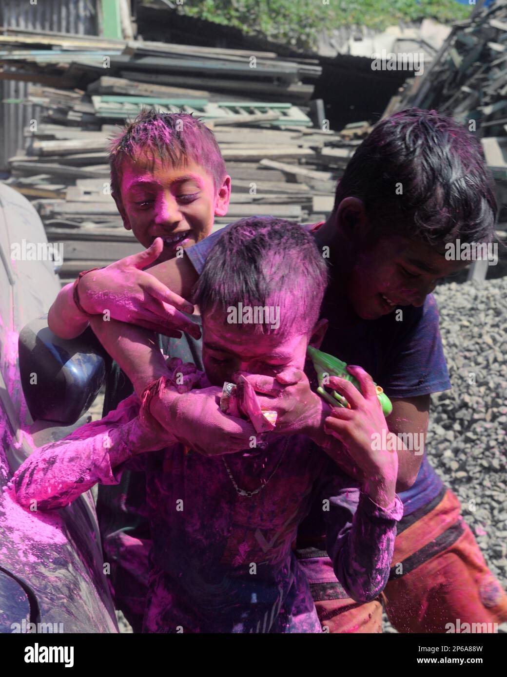 Non Exclusive: March 7, 2023, Kolkata, India: Children smear colors ...