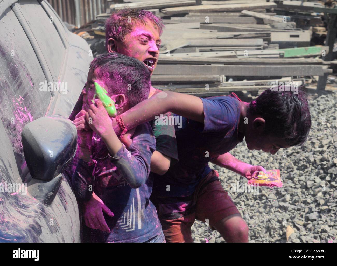 Non Exclusive: March 7, 2023, Kolkata, India: Children smear colors ...