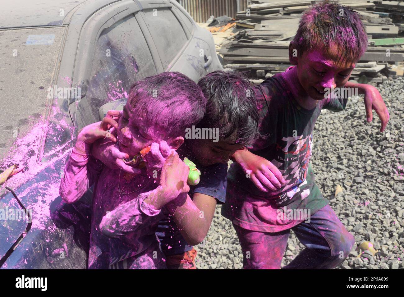Non Exclusive: March 7, 2023, Kolkata, India: Children smear colors ...