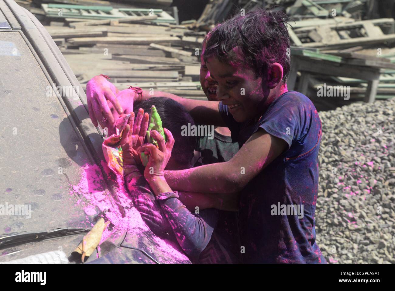 Non Exclusive: March 7, 2023, Kolkata, India: Children smear colors ...
