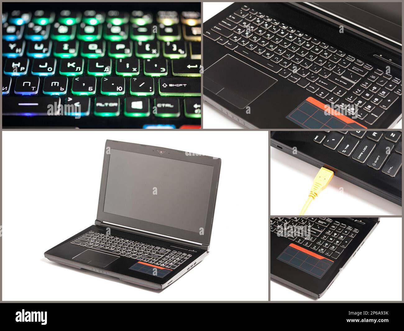 collage with black gaming laptop modern design isolated on white ...