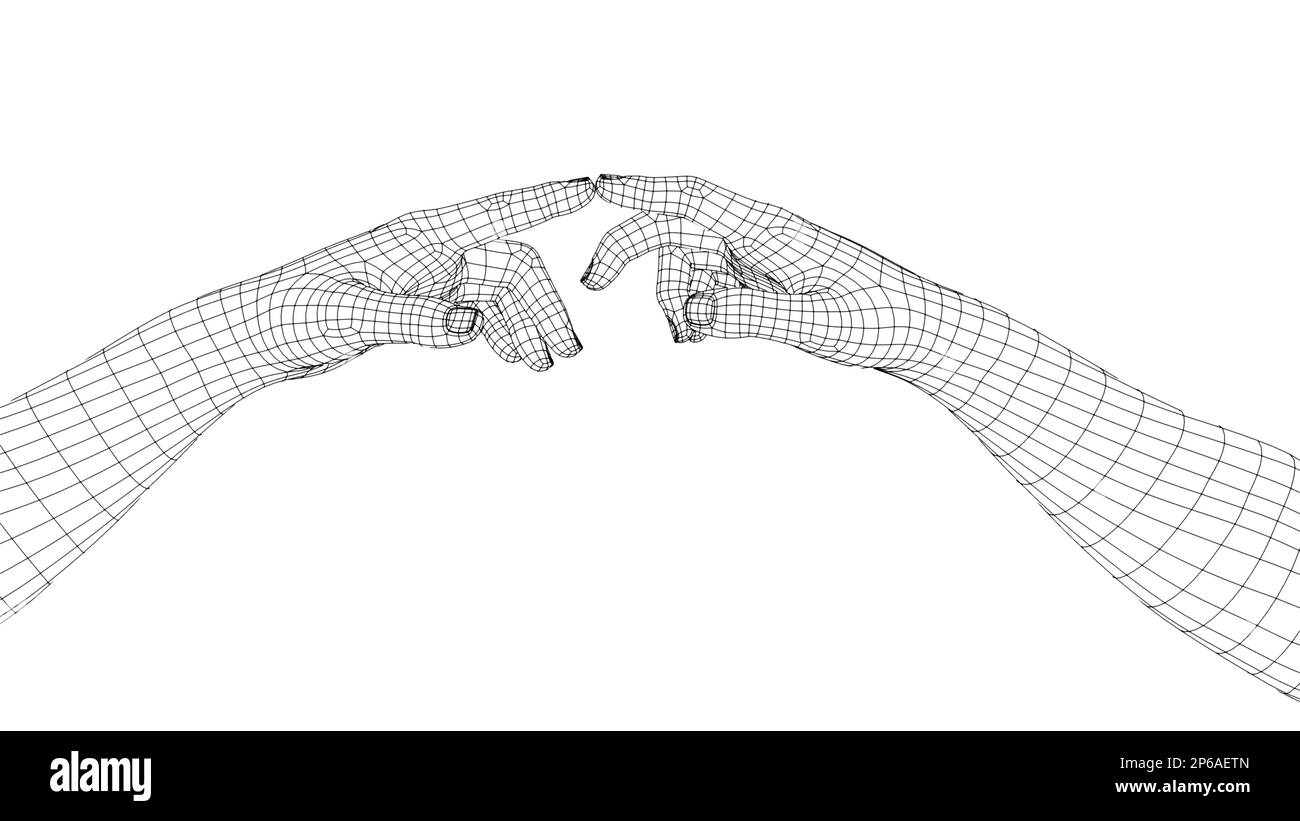 Two wireframe hands touch with index fingers on white background Stock ...