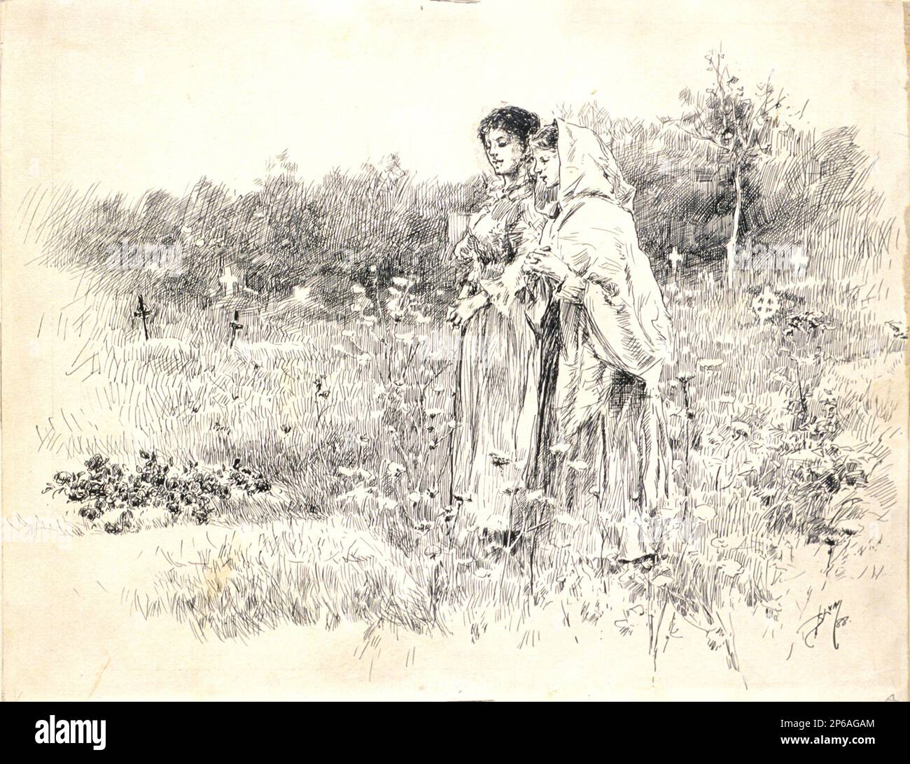 Robert Frederick Blum, Two Girls Standing before a Grave, 1888, pen and ...