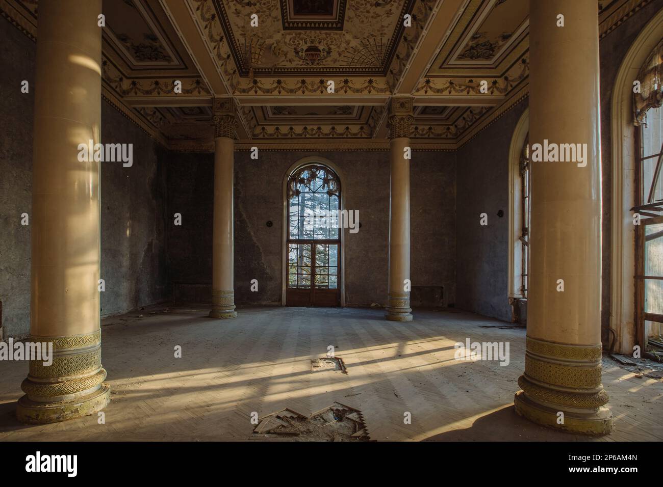 Large hall with columns in old abandoned mansion Stock Photo - Alamy