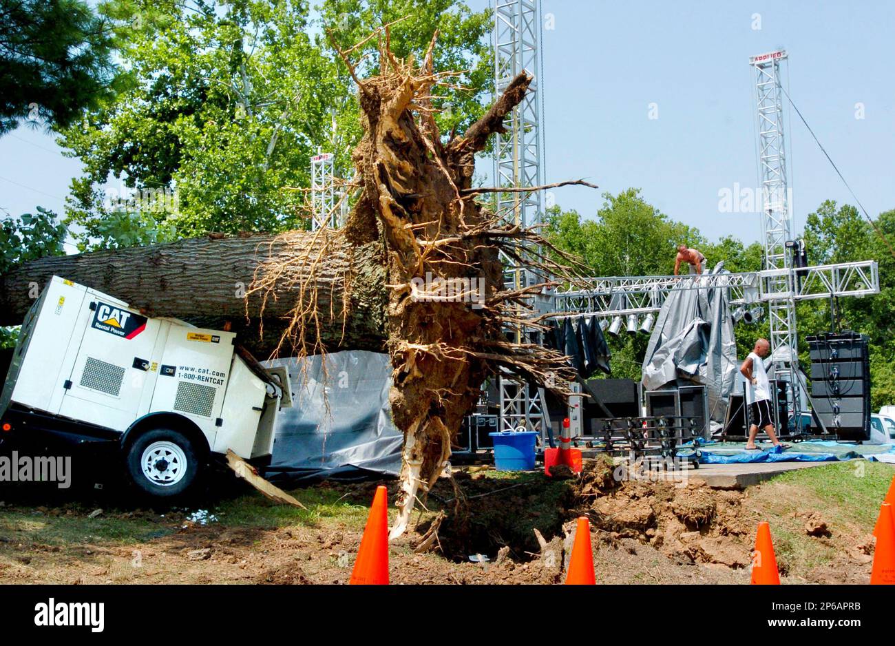An uprooted tree which crushed a generator and a pickup truck nearly ...
