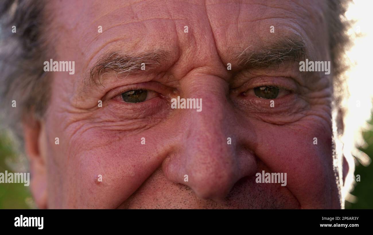 Macro close up of a happy wise wrinkled senior man eyes looks at camera ... Macro close up of a happy wise wrinkled senior man eyes looks at camera ...