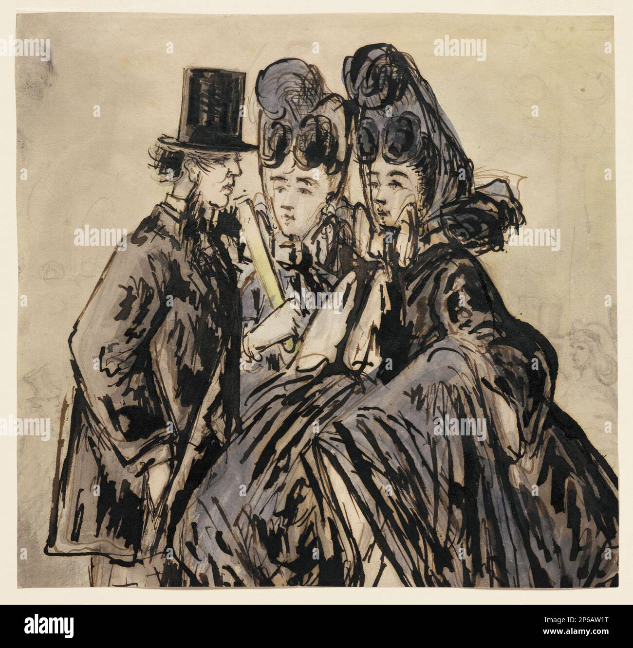 Constantin Guys, A Gentleman and Two Ladies, 1860s, pen and brown and ...