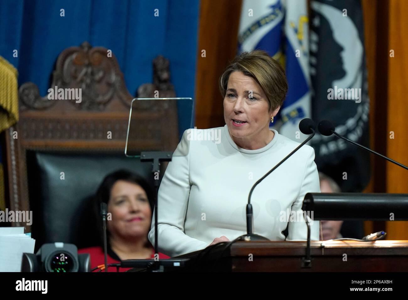 FILE - Massachusetts Gov. Maura Healey, right, delivers her inaugural address as Mass. Lt. Gov ...