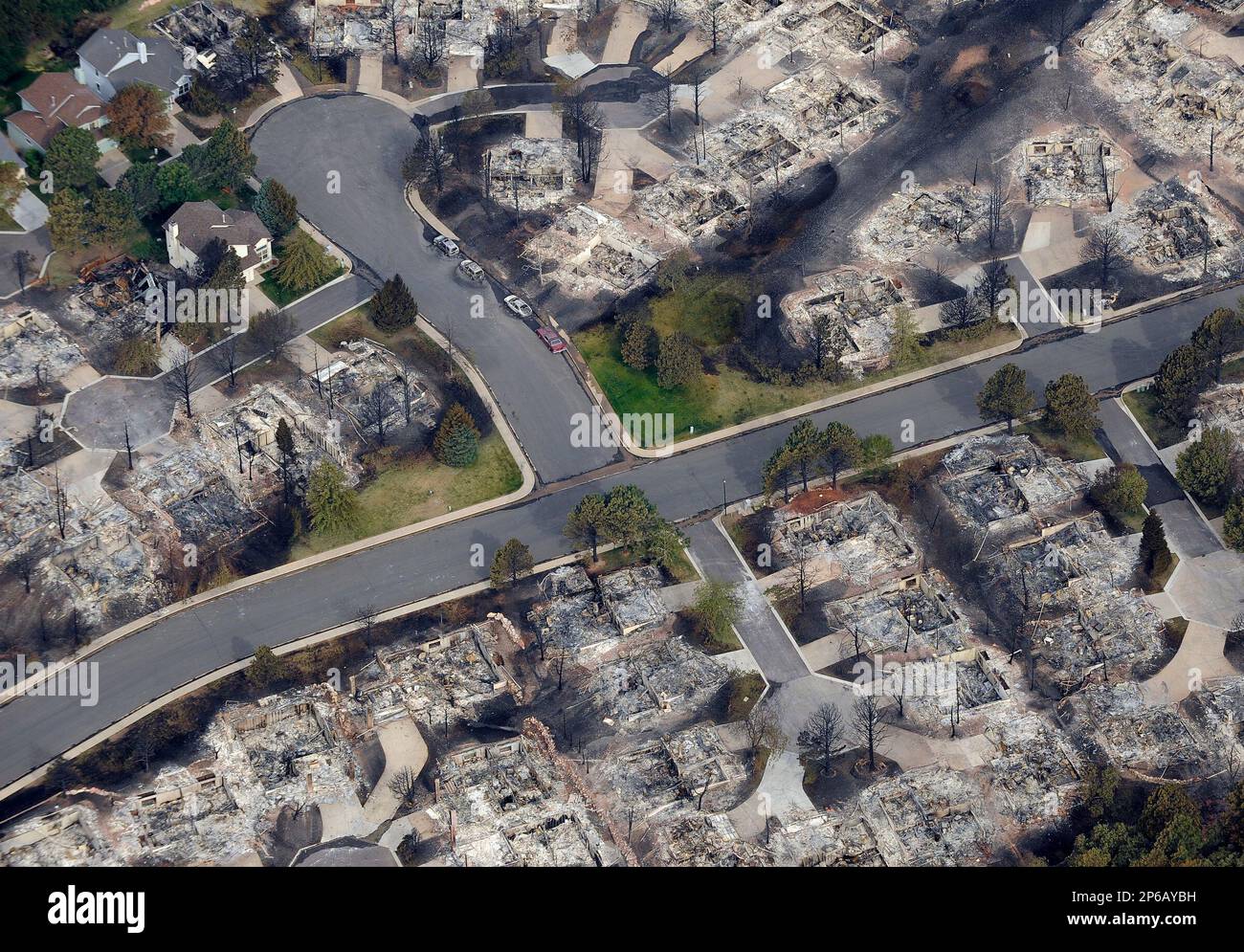 This aerial photo shows the destructive path of the Waldo Canyon fire ...