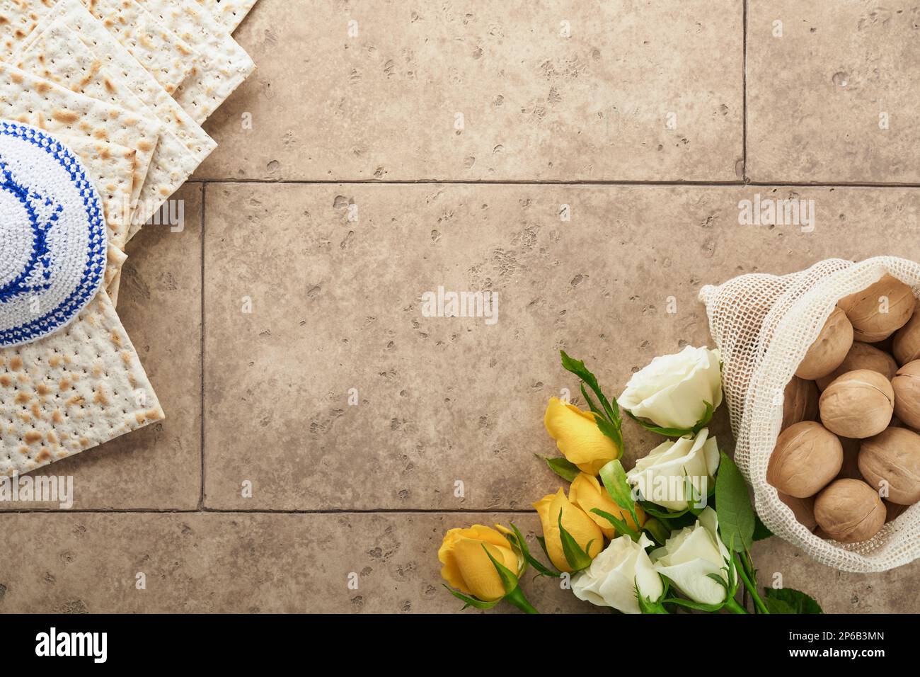 Passover celebration concept. Matzah, kosher red wine, walnut and white ...