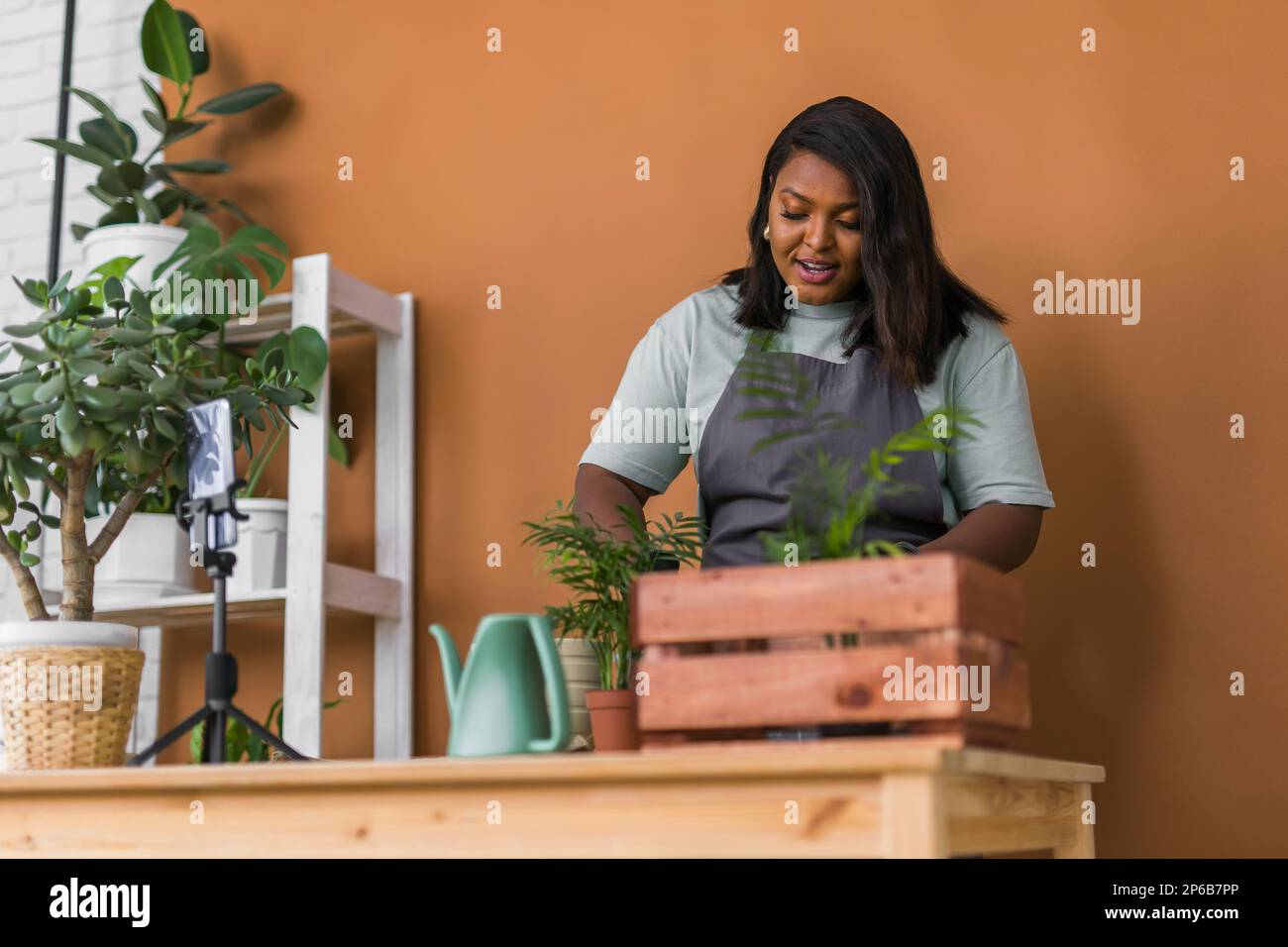 African american girl blogger influencer work on home video camera ...
