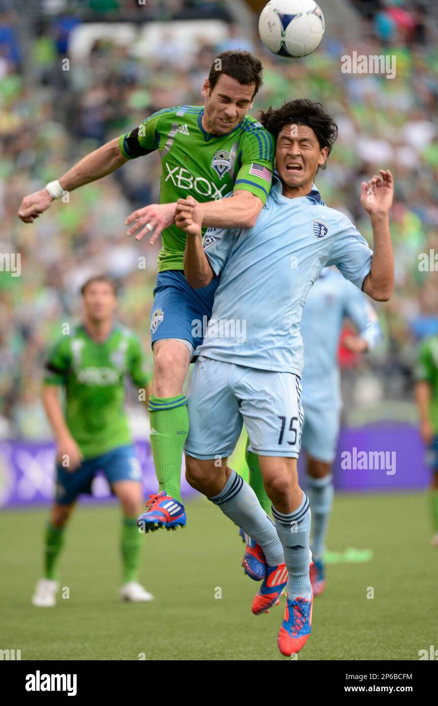 June 20, 2012. .Seattle Sounders FC defender Zach Scott #20 wins a ...
