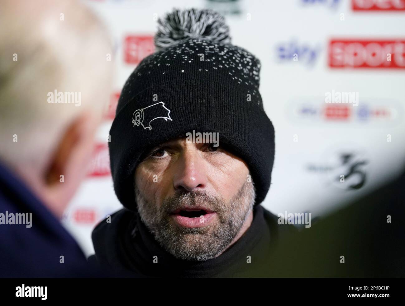 Derby County manager Paul Warne speaks to Sky Sports before the Sky Bet ...