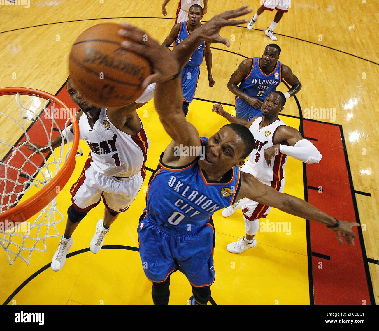 Oklahoma City Thunder point guard Russell Westbrook (0) dunks against ...