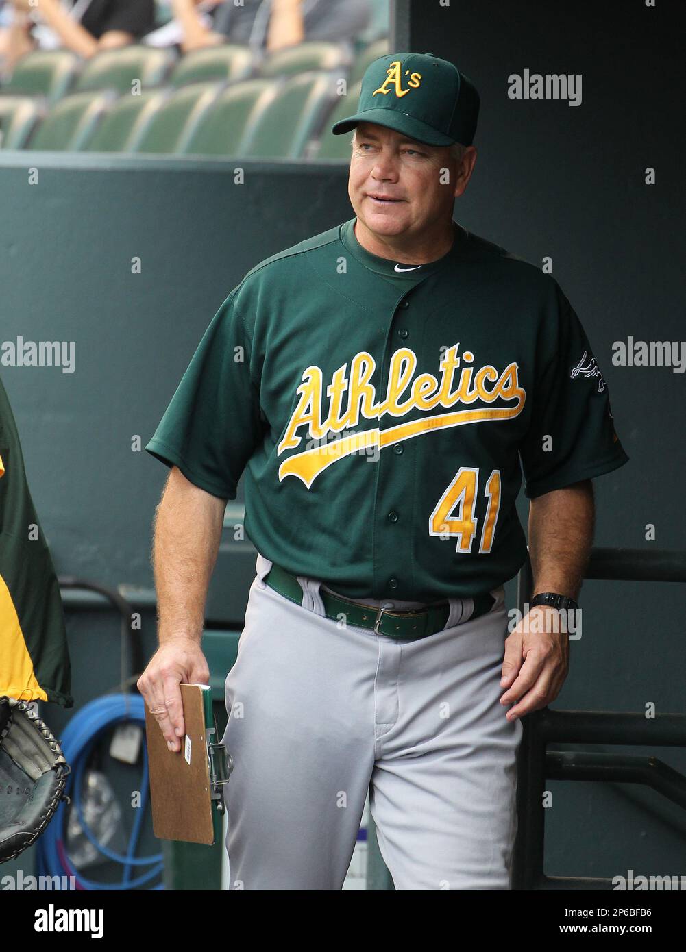 Oakland Athletics pitching coach Curt Young (41) prepares for the game ...