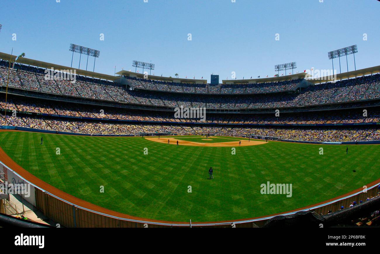 A wide angled shot of Dodgers stadium from the outfield during the Los ...