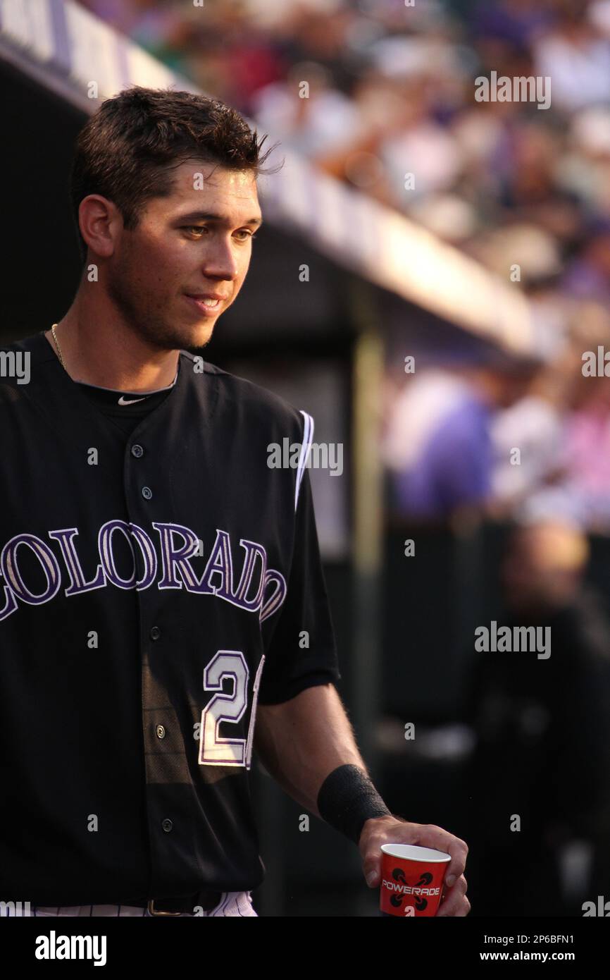 Colorado Rockies center fielder Tyler Colvin (21) prepares for the game ...