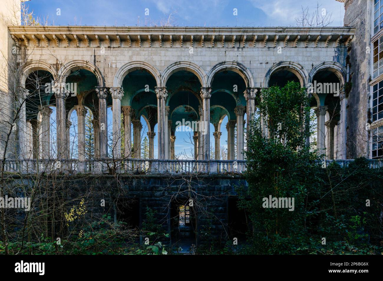 Large hall with columns in old abandoned mansion Stock Photo - Alamy