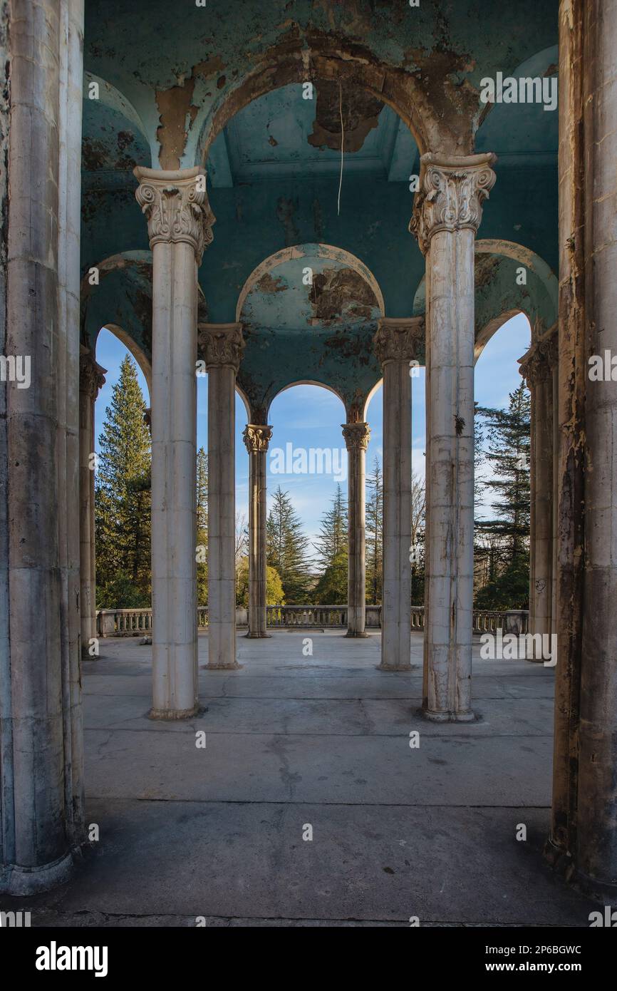 Large hall with columns in old abandoned mansion Stock Photo - Alamy