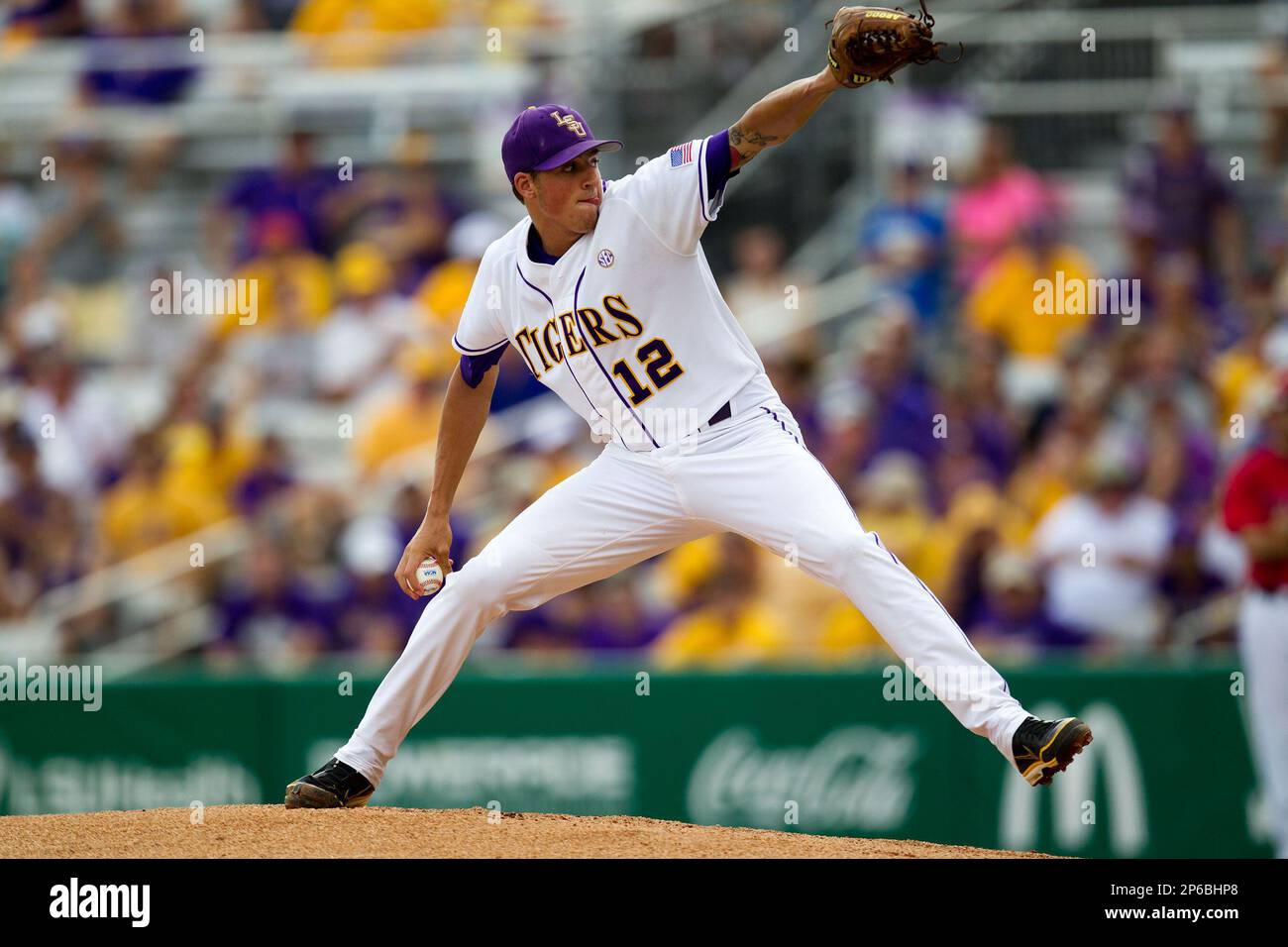 LSU Tigers pitcher Kevin Gausman #12 delivers during the continuation ...