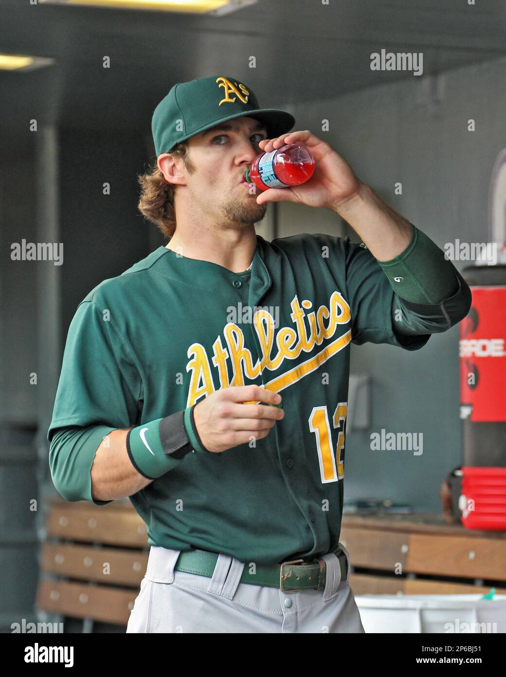 Oakland Athletics right fielder Collin Cowgill (12) prepares for the ...