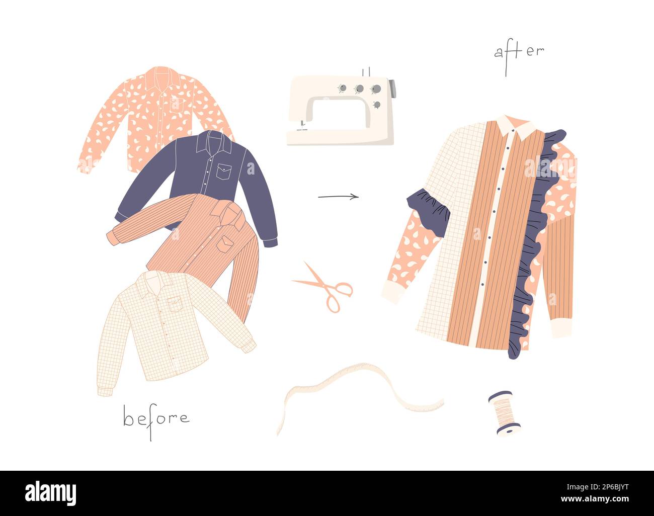 Concept of upcycling. Second use of male shirts remade into a woman dress. Set of crafting ...