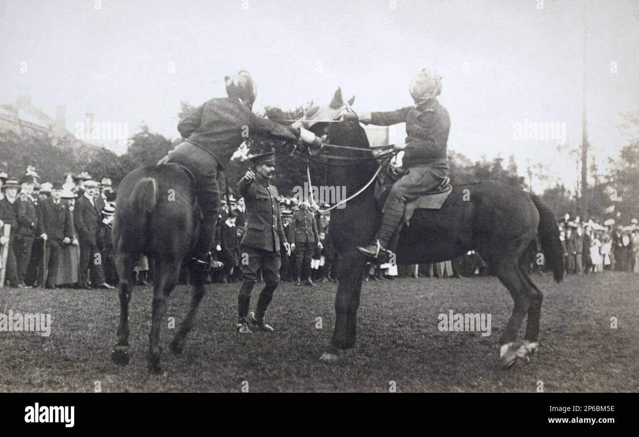 British army cavalry soldiers give a mounted fencing demonstration to ...